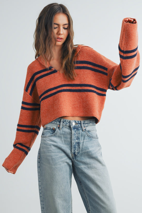 Stripe Cozy Collared Crop Sweater | Evercado