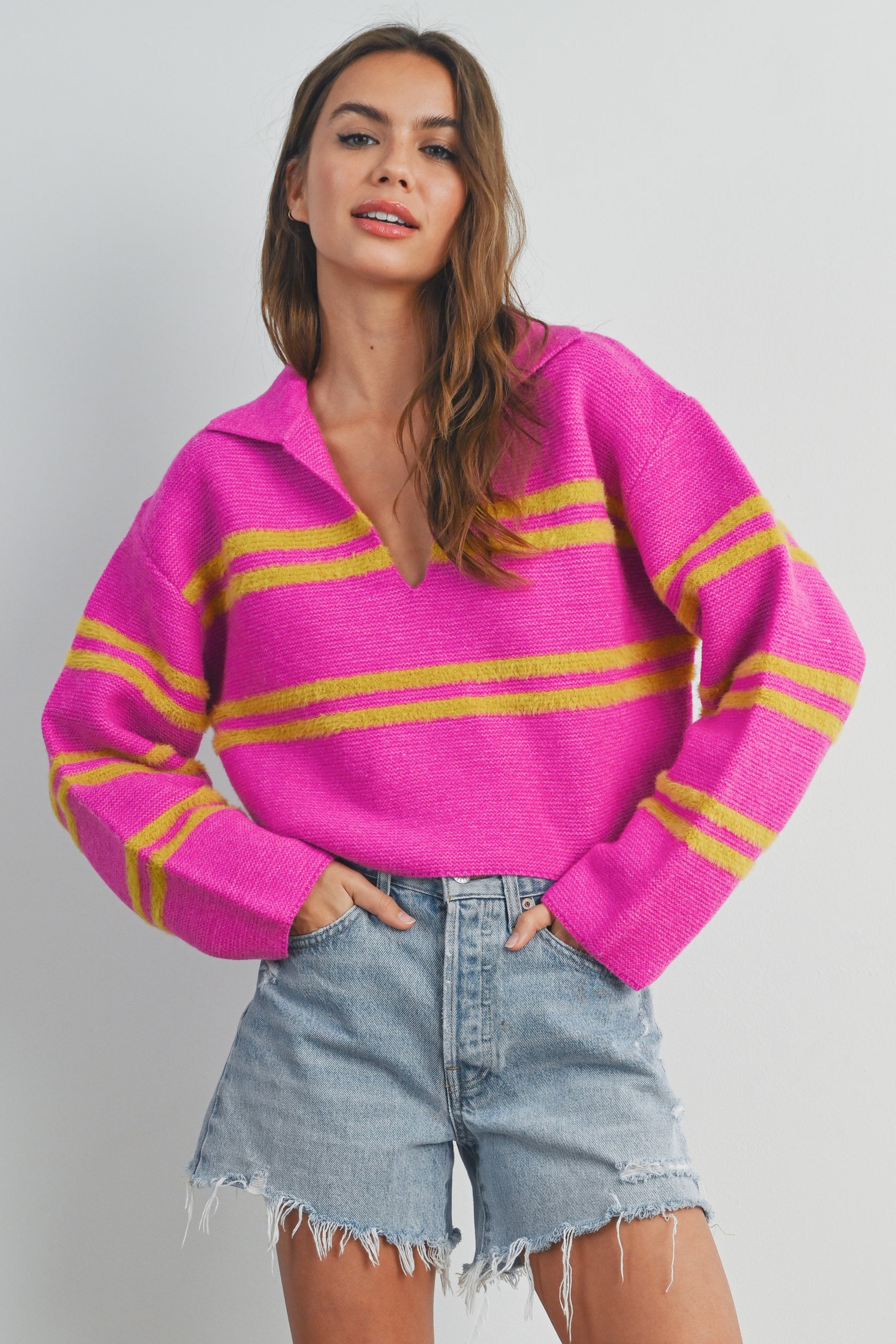 Stripe Cozy Collared Crop Sweater | Evercado