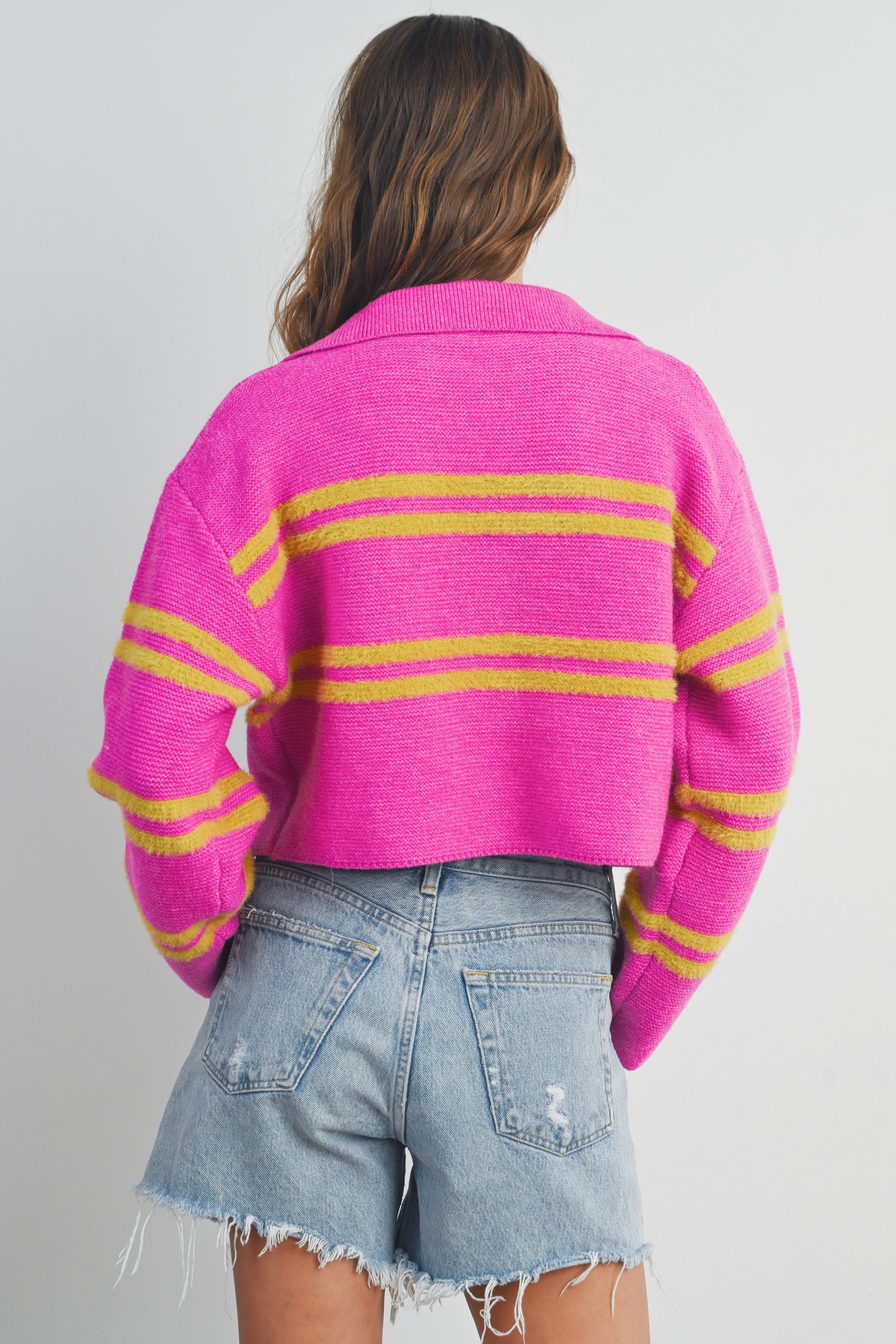 Stripe Cozy Collared Crop Sweater | Evercado
