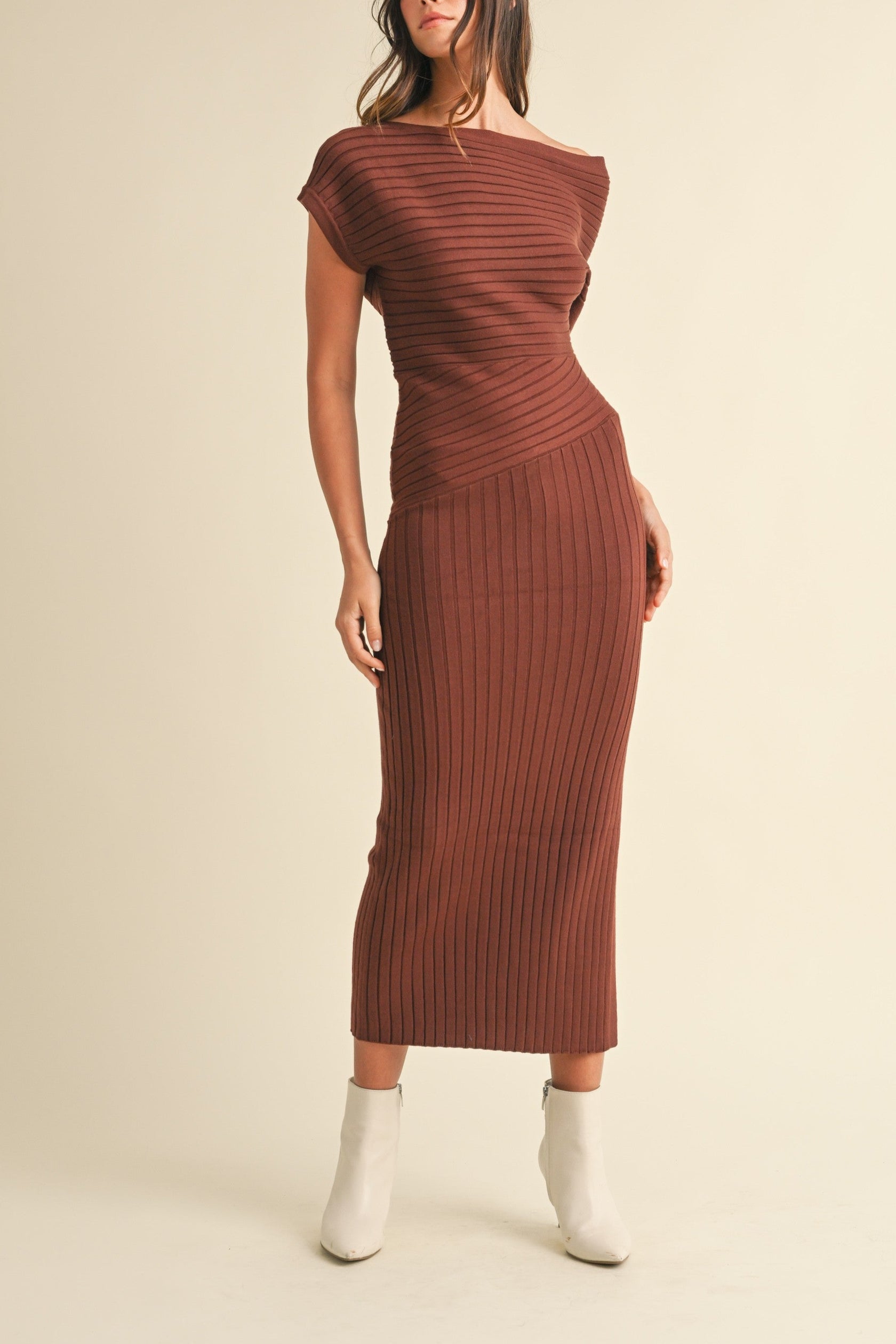 One Shoulder Ribbed Knit Midi Dress | Evercado