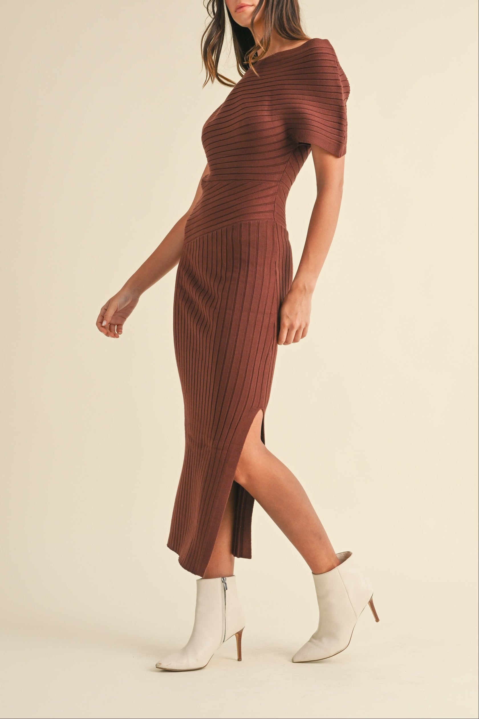 One Shoulder Ribbed Knit Midi Dress | Evercado